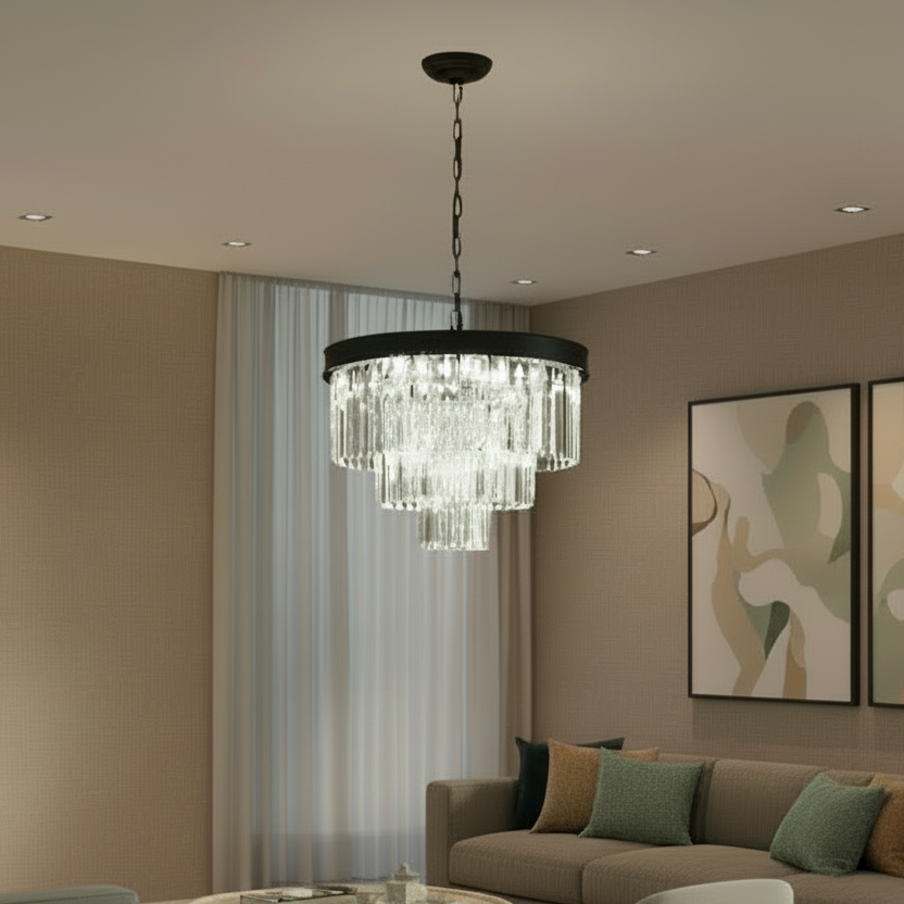 MARF 3-Tier Crystal Chandelier 6 Light 500mm (Black) – ELEMENT LIGHTING